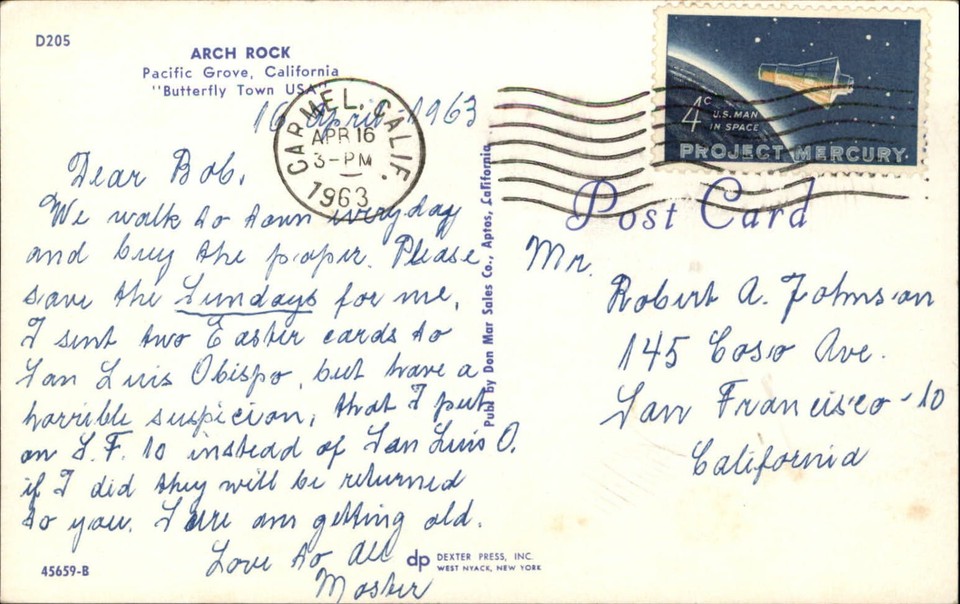Pacific Grove California Arch Rock formation ocean mailed 1963 vintage ...
