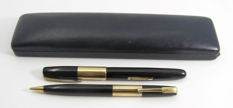 VINTAGE WATERMAN TAPERITE LEVER FILL FOUNTAIN PEN & PENCIL SET-BLACK ...