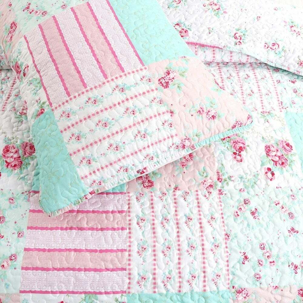 NEW! ~ COZY COTTAGE PATCHWORK BLUE LIGHT AQUA GREEN PINK FLOWER SOFT ...