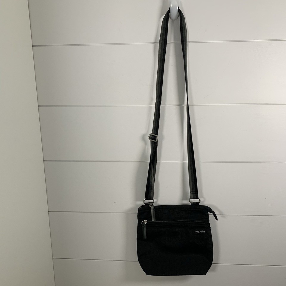 Baggallini Black Fine Line Crossbody Purse Bag Travel Nylon Zip Top 9x9 ...