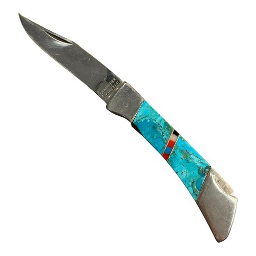 Pocket Knife Turquoise & Stone Inlay Handle Single Stainless Blade Easy ...