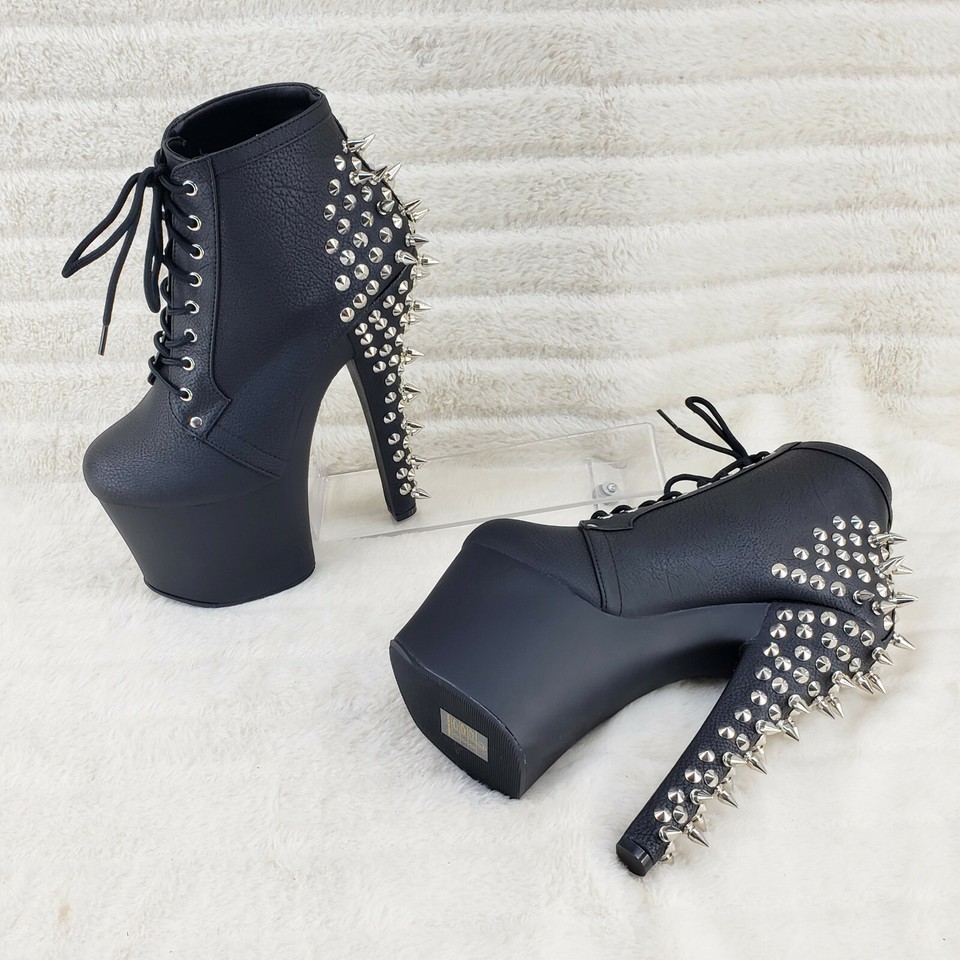 Fearless 700-28 Black 7" Spiked Stud High Heel Platform Ankle Boots In ...