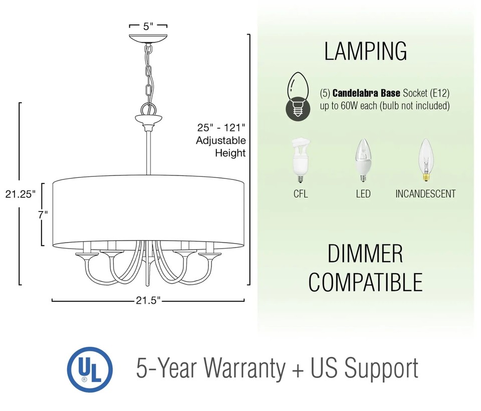 21" Traditional 5-Light Chandelier / Adjustable Chain Link Hanging ...