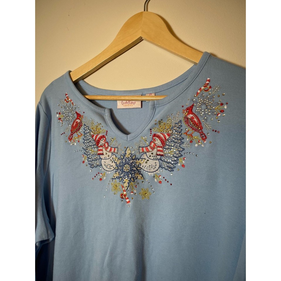 Quacker Factory Christmas Holiday Rhinestone Embroidered Snowflake Top ...