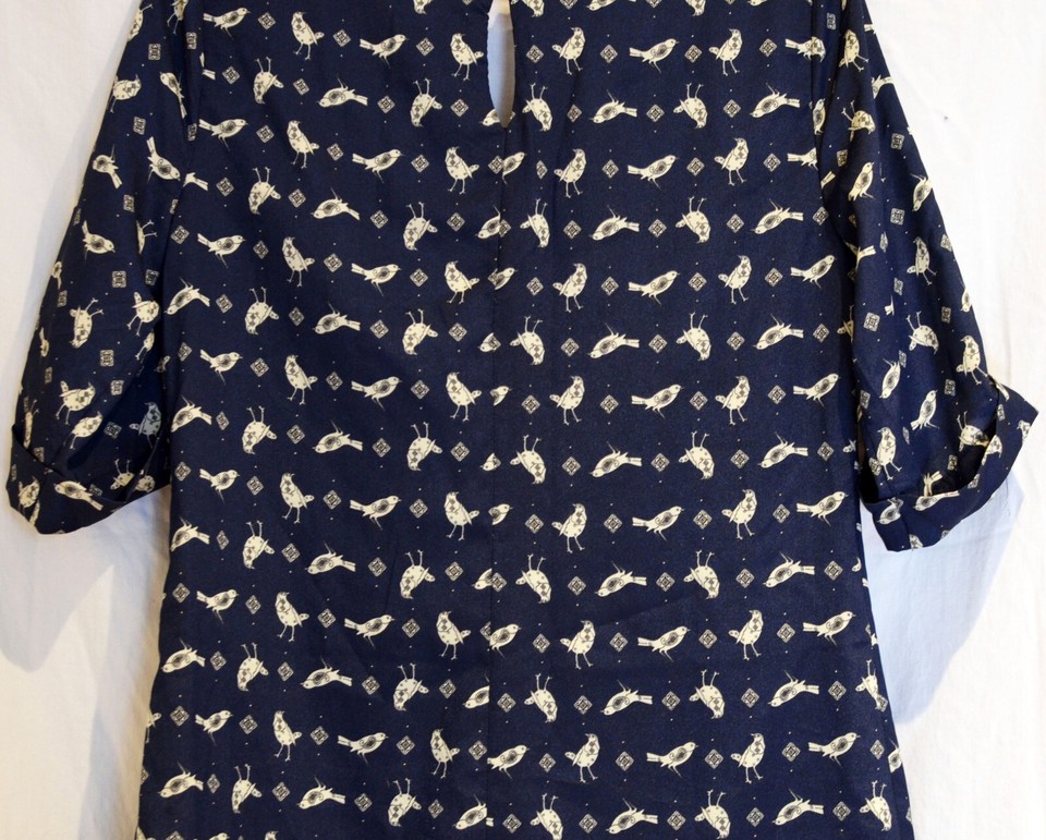 LILY ROSE size S Shirtdress Paisley Bird Pattern Navy Blue Roll-Tab ...