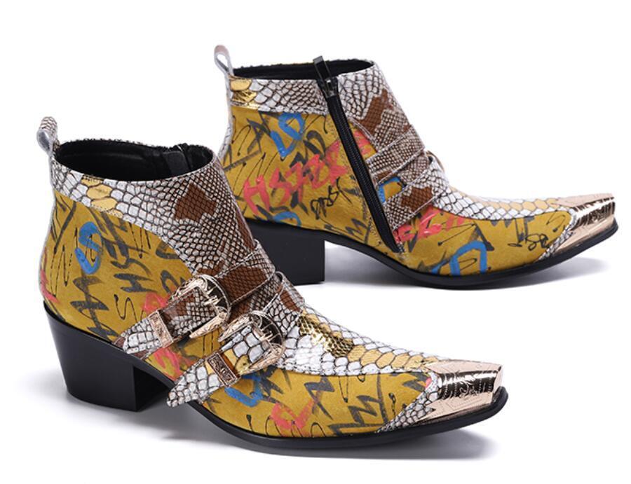 Men's Fashion Metal Head Pointy Toe Buckle Strap Ankle Boots Leather ...