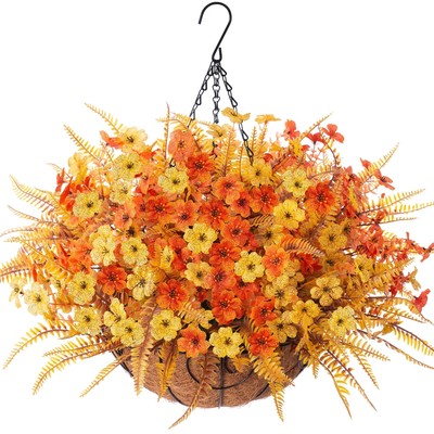Artificial Faux Fall Mums Hanging Flowers Plants Basket for Outdoor ...