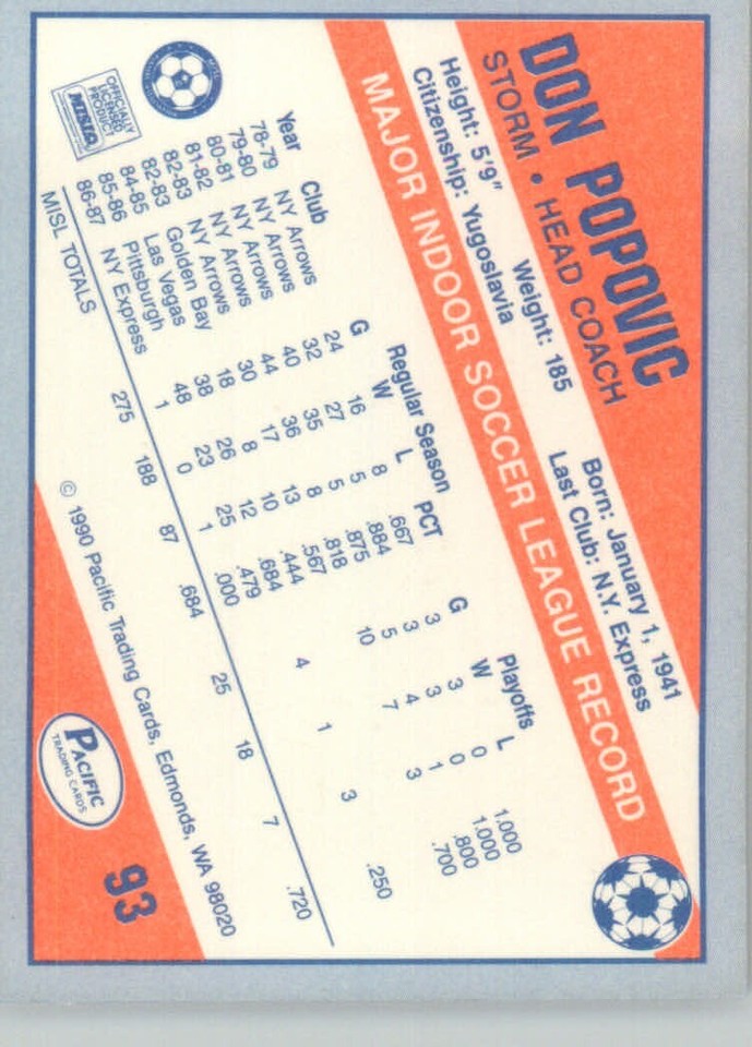 1989-90 Pacific MISL MSL NASL NPSL - St Louis Storm - #93 Don Popovic ...