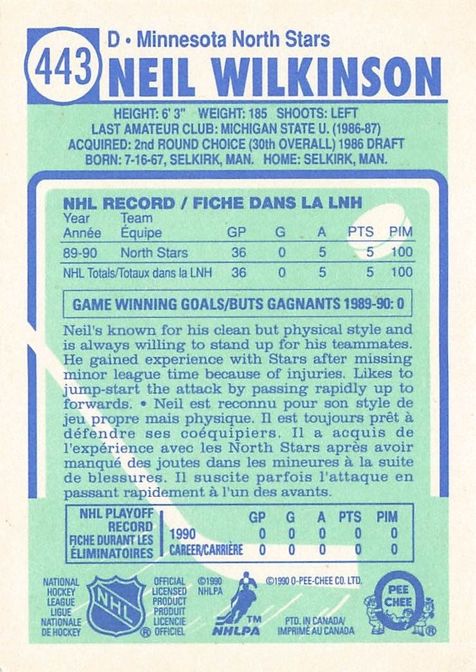 1990 Pee Chee #443 Neil Wilkinson Minnesota North Stars | eBay