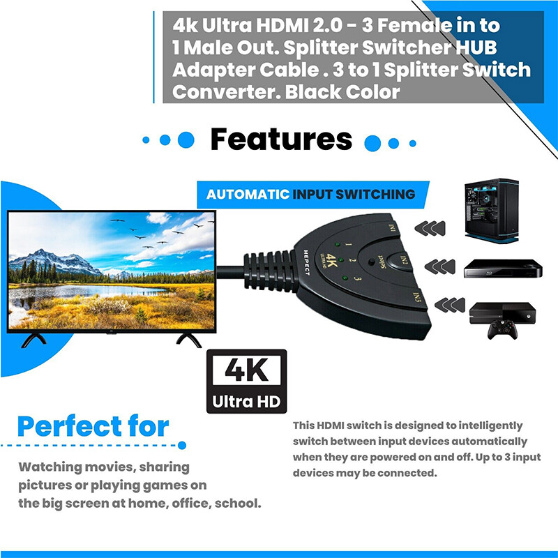 2K 4K 3in1out HDMI Switch Hub Splitter TV Switcher Adapter Ultra HD for ...