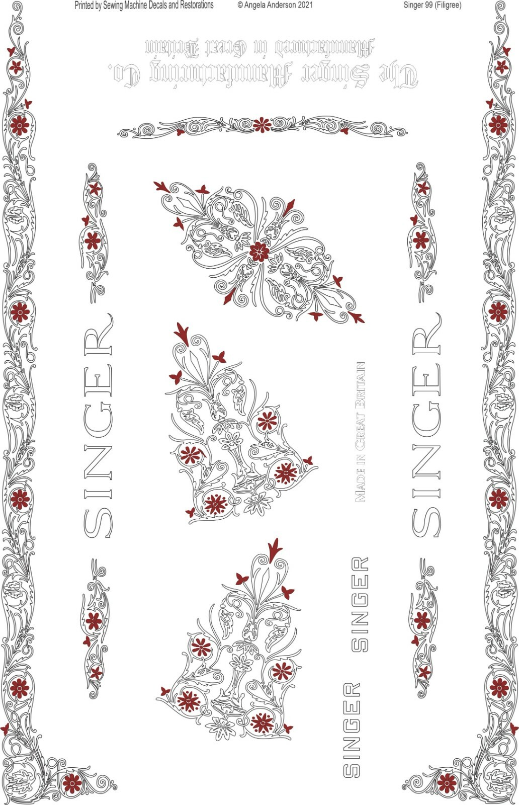 Singer 99k 'Filigree' White with Red Sewing Machine waterslide decals ...