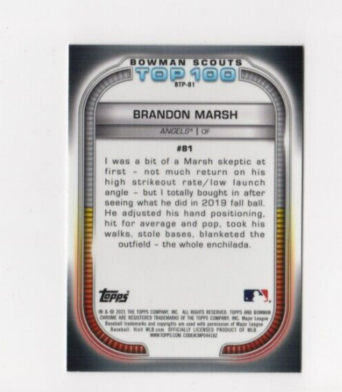 2021 Topps Bowman Chrome Brandon Marsh #STP-81 Scouts Top 100 Los ...