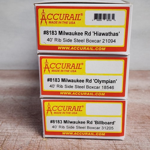 Milwaukee Road RR 40' Rib Side Steel Boxcar 3 CAR SET Accurail Kit 8183 ...