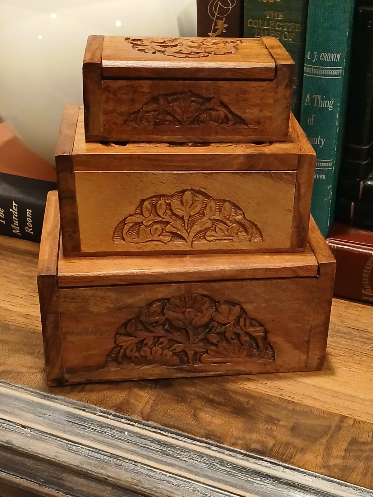 VTG CARVED WOOD FLORAL NESTING BOX SET MADE IN INDIA KEEPSAKES, TRINKET ...