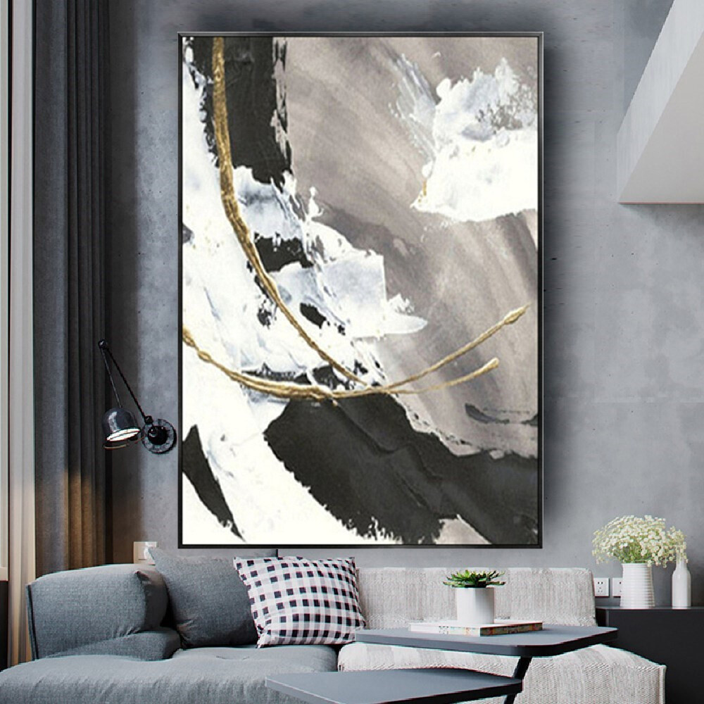 Abstract Gold Foil line Picture Art Modern Hand Painted Oil Painting On ...