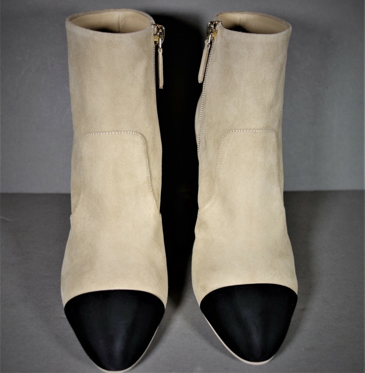 CHANEL 37 beige suede black silk cap point toe boots booties CHANEL 37 beige suede black silk cap point toe boots booties