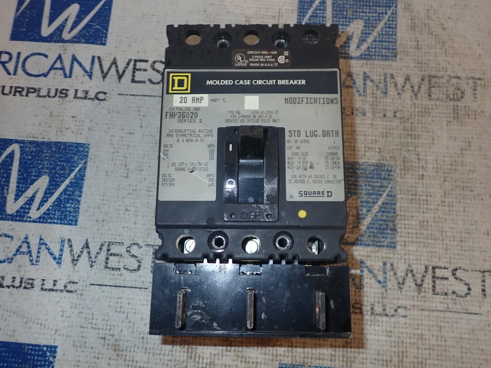SQUARE D FHP36020 20 amp 600 volt 3 Pole Breaker with 9999 CLM-2 ...