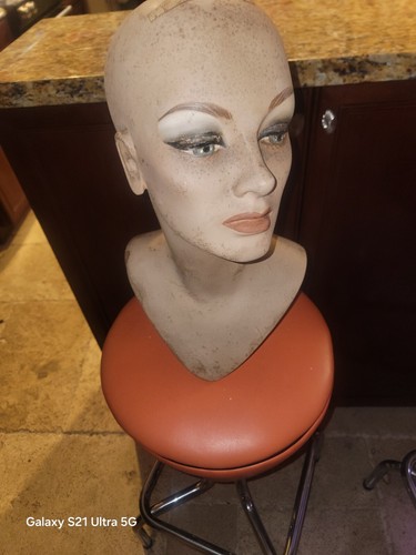 Smiling Female Mannequin Wig Bust Vintage Woman Hat Jewelry Scarf Head ...