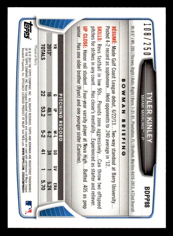2013 Bowman Draft Picks & Prospects #BDPP88 Tyler Kinley Orange /250 ...