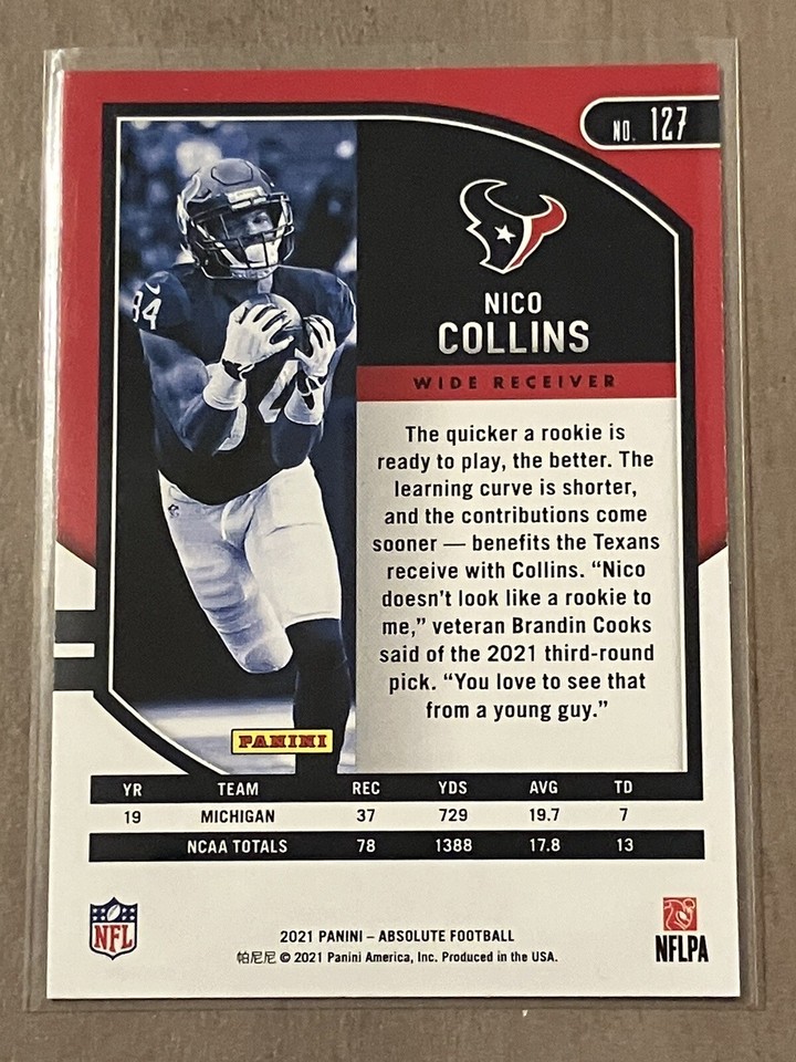 Nico Collins 2021 Panini Absolute Rookie Card RC. Houston Texans | eBay