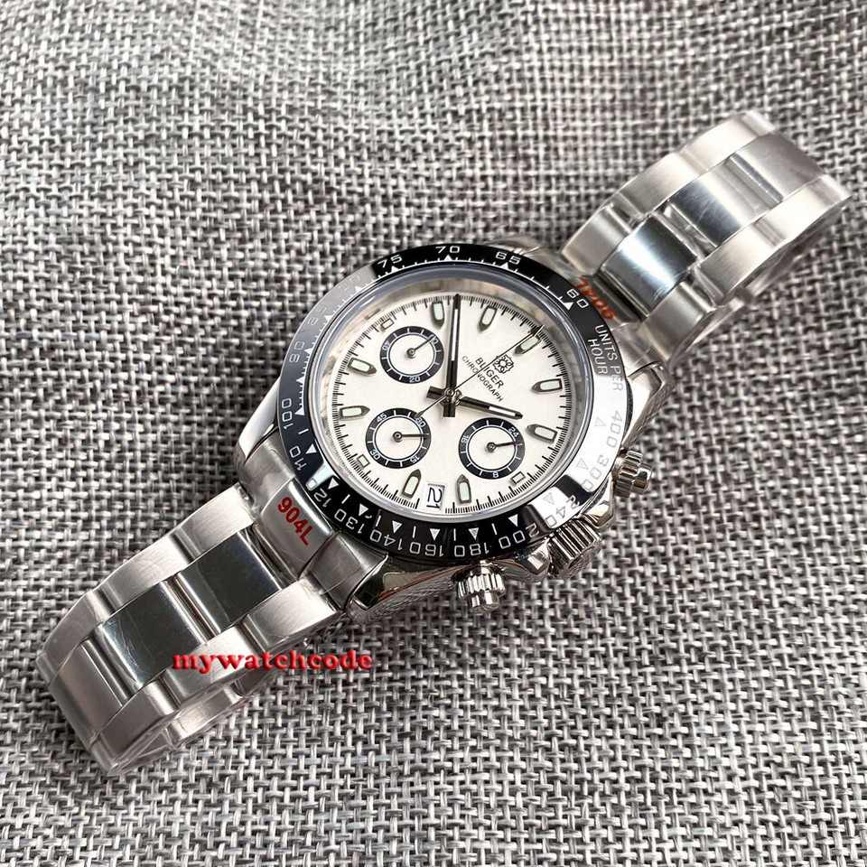 40mm Bliger Sterile White Dial Ceramic Bezel Full Chronograph Quartz ...