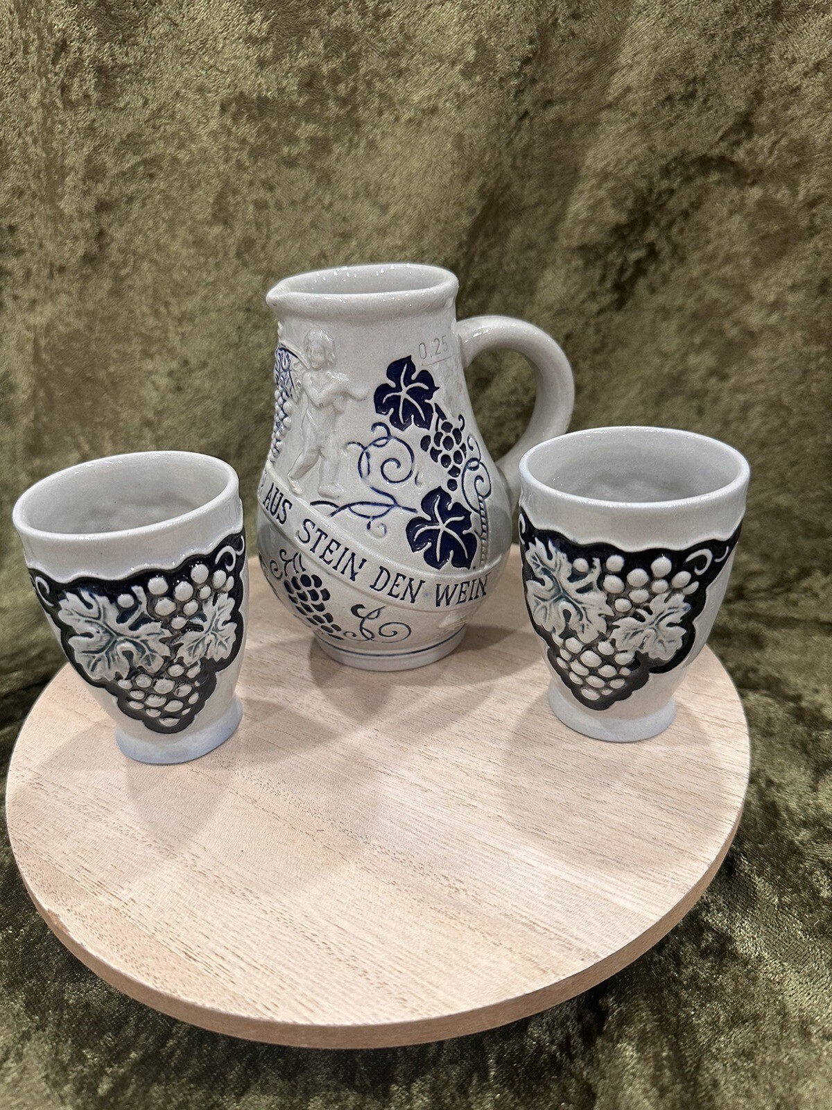 German Wick-Werke Gray Blue Pottery Wine Jug Pitcher Vintage 2 Matching ...