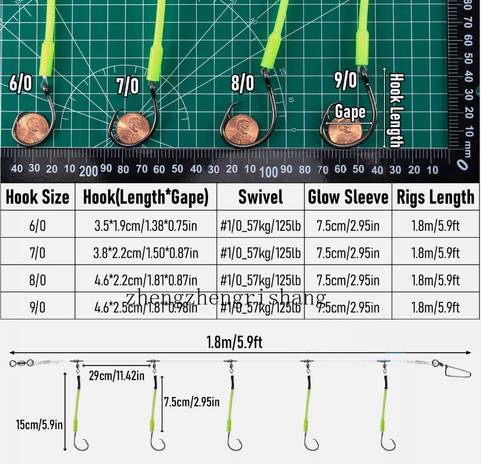1Pcs 1.8M Deep Drop Snapper Rigs Bottom Fishing Rig 5 Circle Hooks 6/0 ...