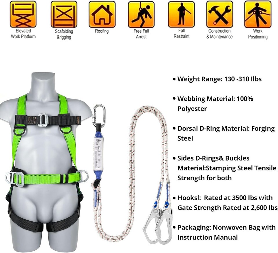 Safety Harness Fall Protection Kit - Full Body Roofing harnesses with ...