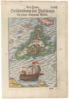 1567 Sebastian Munster Hand-Colored Maps of Sicily, Sardinia w/ Naples ...