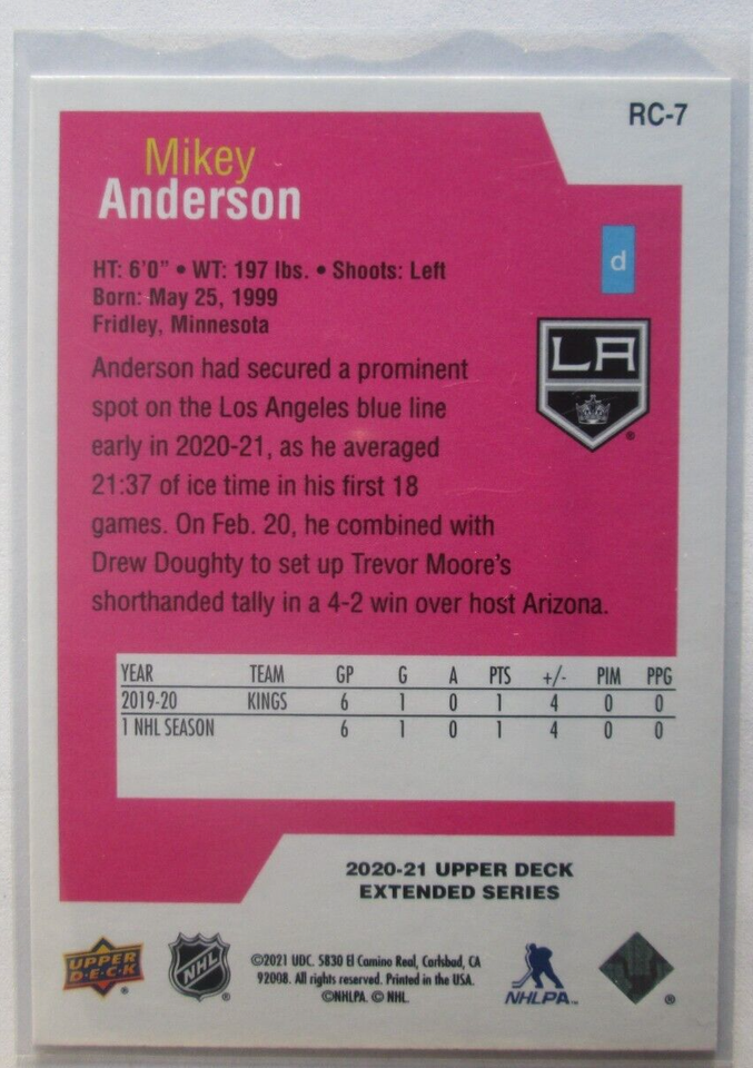 2020-21 Upper Deck Extended Series Rookie Class RC-7 Mikey Anderson ...