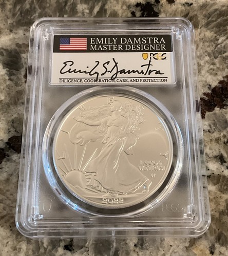 2021 SILVER EAGLE PCGS MS70 FLAG EMILY DAMSTRA HAND SIGNED FIRST STRIKE ...