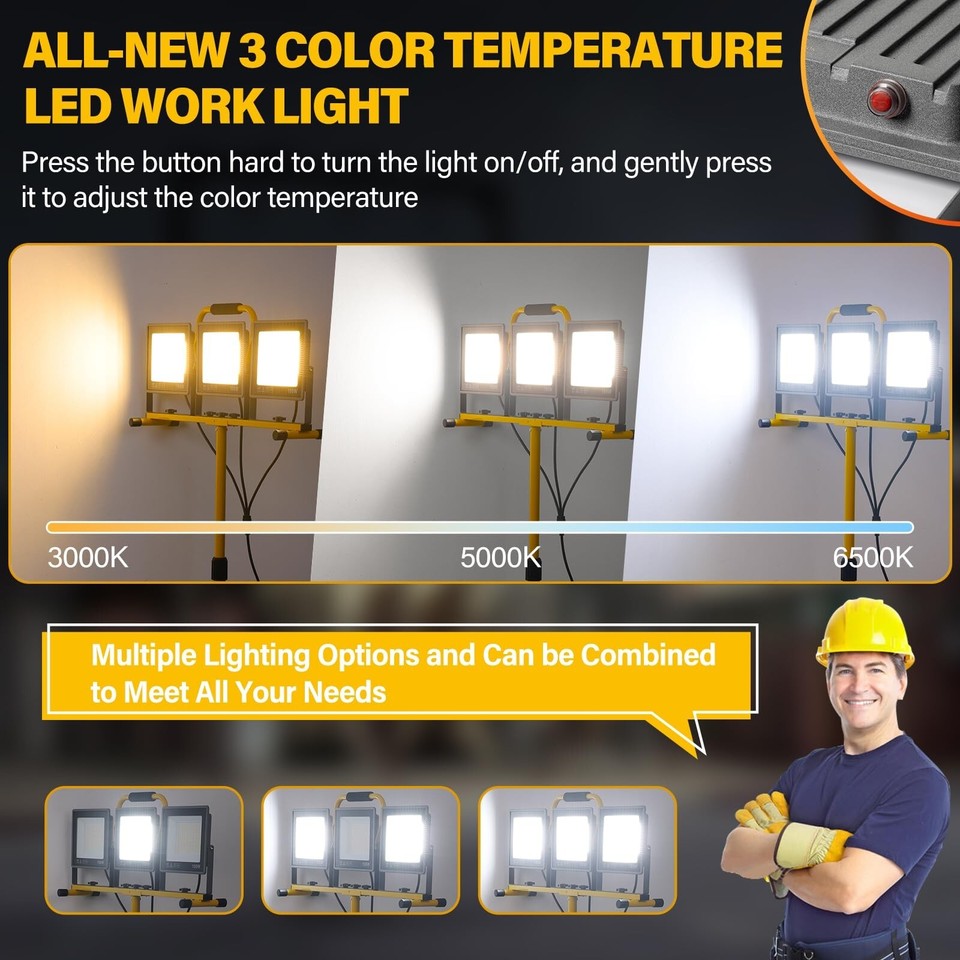 31000 Lumen LED Work Lights with Stand, Portable 3 Head Work Lights ...