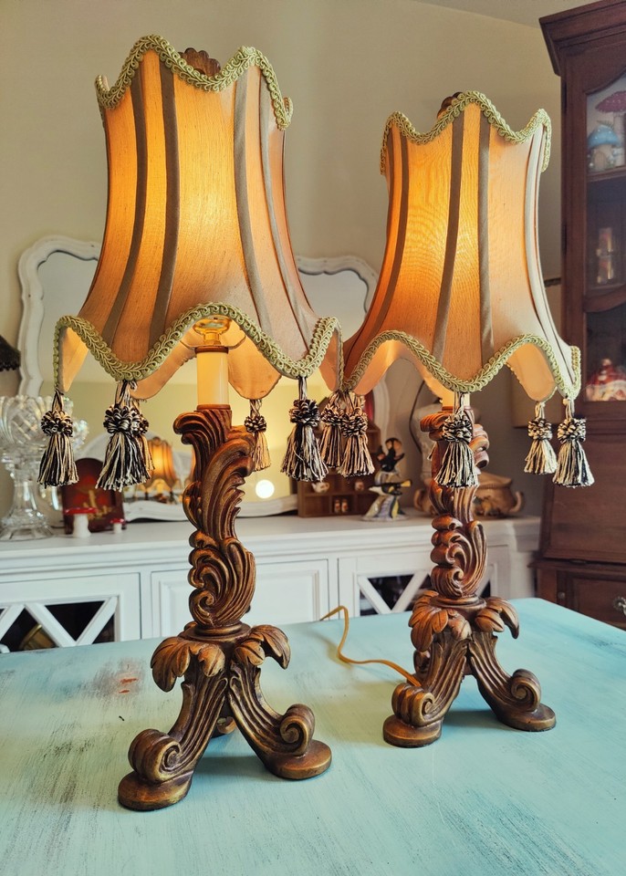Vintage Pair Of Rococo Table Lamp Ornate Carved Wood Details Original ...