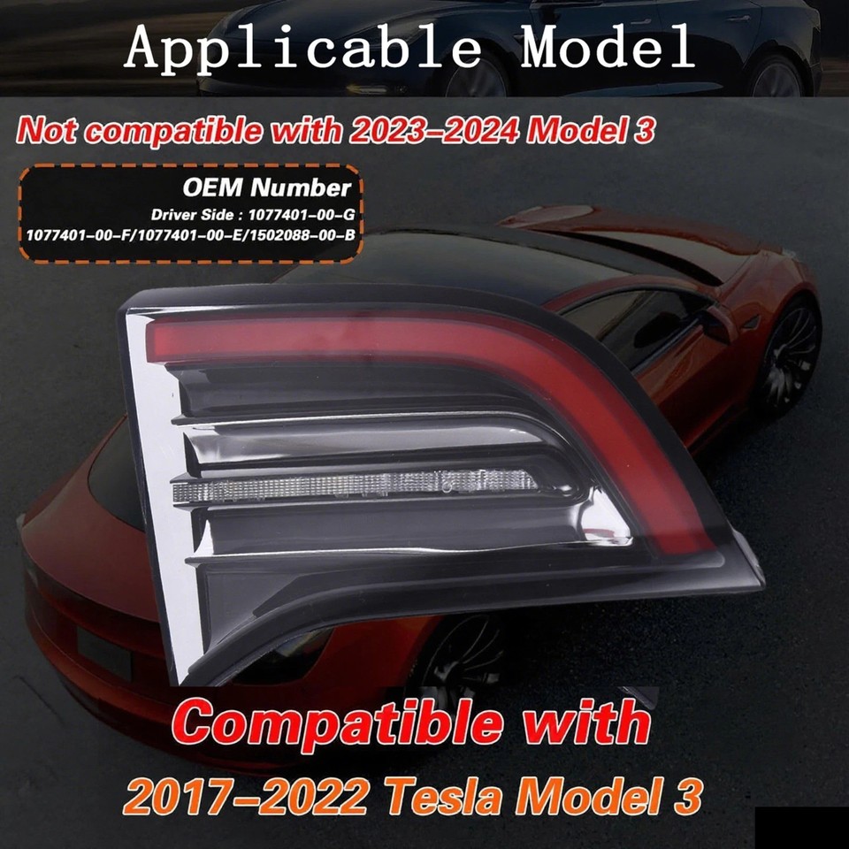 For 17 -20 Tesla Model 3 Tail Light Left LED Inner Trunk Tail Lamp 3pin ...