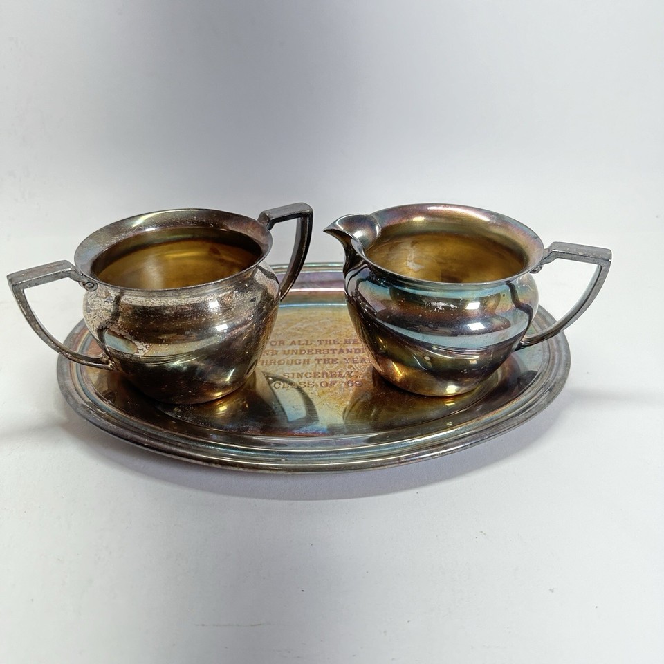 RARE Engraved International Silver Concord Creamer Sugar Set w Tray ...