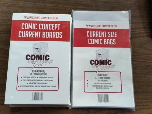 100 x CURRENT SIZE COMIC BOOK ( BAGS AND BACKING BOARDS ) COMIC CONCEPT ...