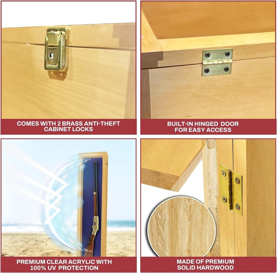 Gun Display Case 45" Rifle Golden Oak Blue Wood Shotgun Lock Shadow Box ...
