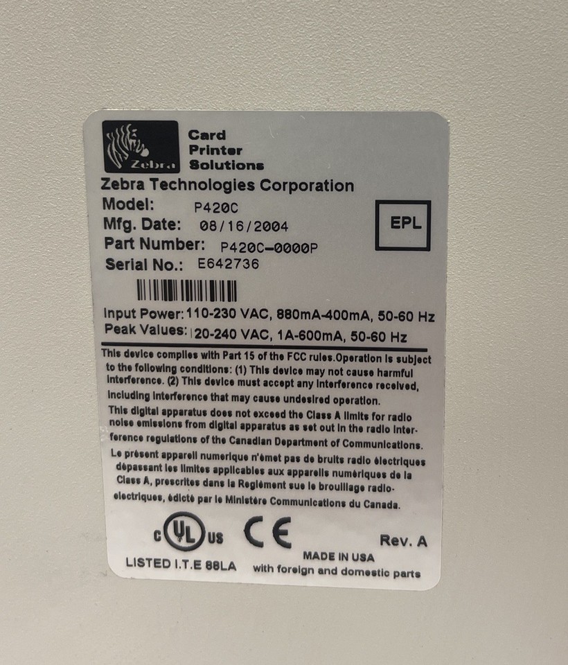 ZEBRA P420C Double Sided ID Color Card Printer Printed 122399 Cards. No ...