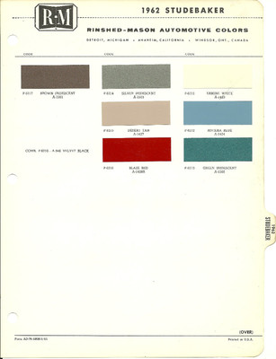 vintage 1962 STUDEBAKER Color Chip Paint Sample Brochure/Chart: R-M RM ...