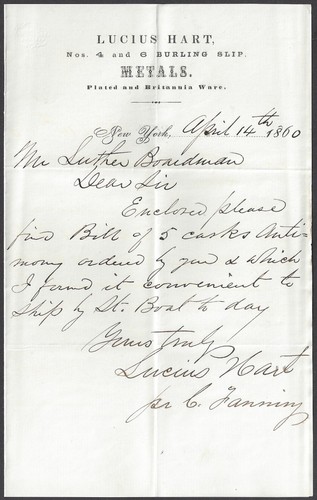 NEW YORK ~ LUCIUS HART, Metals, Plated & Britannia Ware ~ LETTER SHEET ...