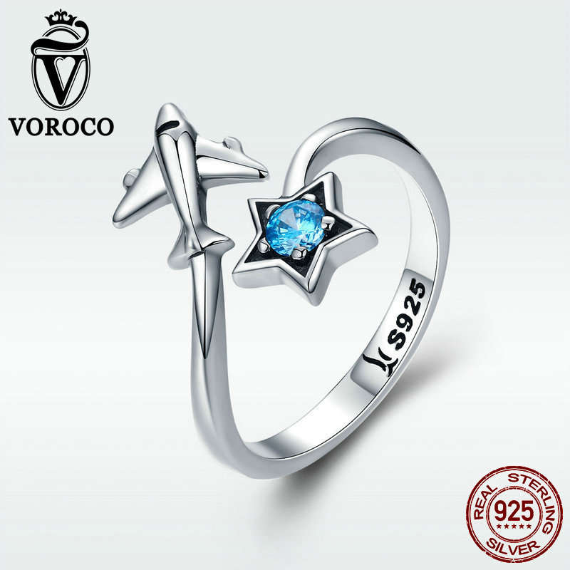 VOROCO European Fashion 925 Sterling Silver Star Open Wedding Ring Gift ...