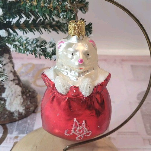 Vtg Inge Glas White Cat In Red Sack Blown Glass Ornament W. Germany 3. ...