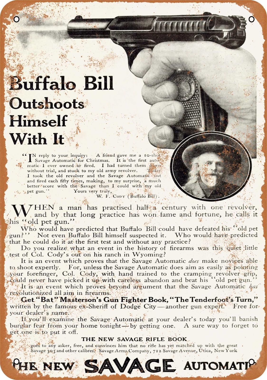 METAL SIGN - 1910 Buffalo Bill for Savage Automatic Pistols - Vintage L ...