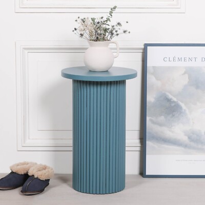 Fluted Round Top Ocean Blue Ribbed Wooden Reeded Accent Occasional Side ...