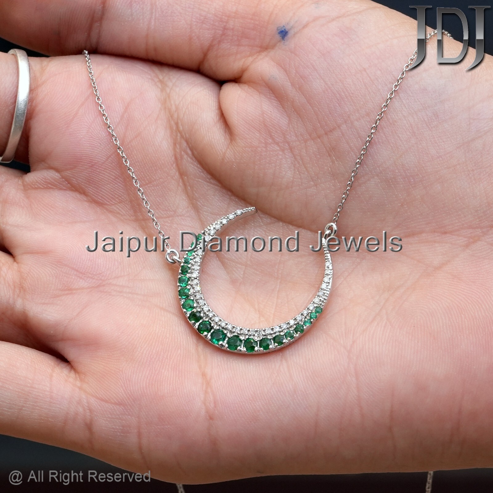 Natural Emerald Gemstone Diamond 14K White Gold Moon Cresent Chain ...