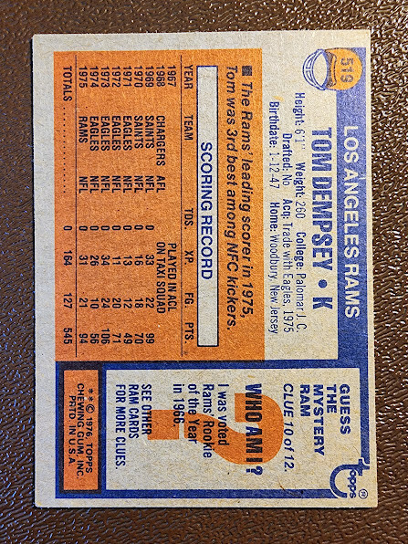 1976 Vintage Topps Football *TOM DEMPSEY* #519 VG+ Los Angeles Rams NFL ...