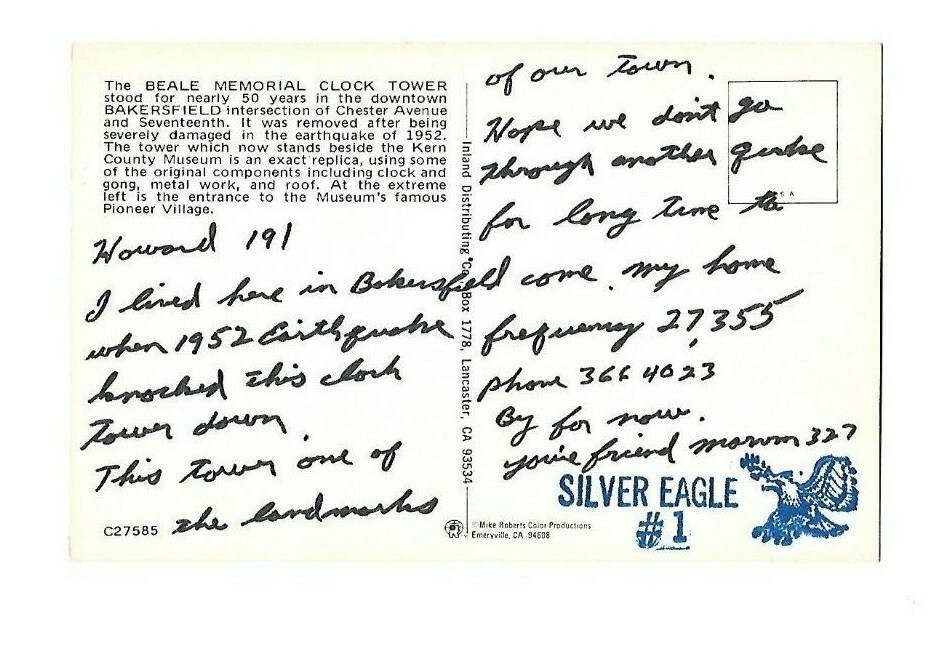 The Beale Memorial Clock Tower Bakersfield, California Postcard | eBay