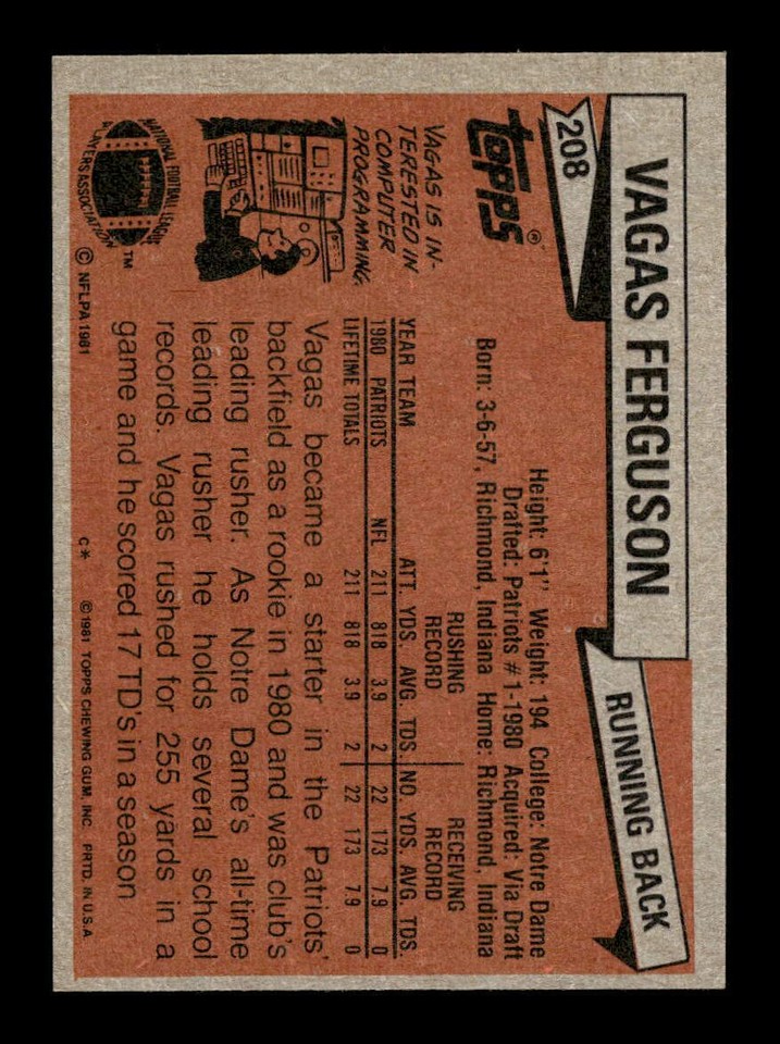 1981 Topps #208 Vagas Ferguson New England Patriots Rookie RC NM Card ...