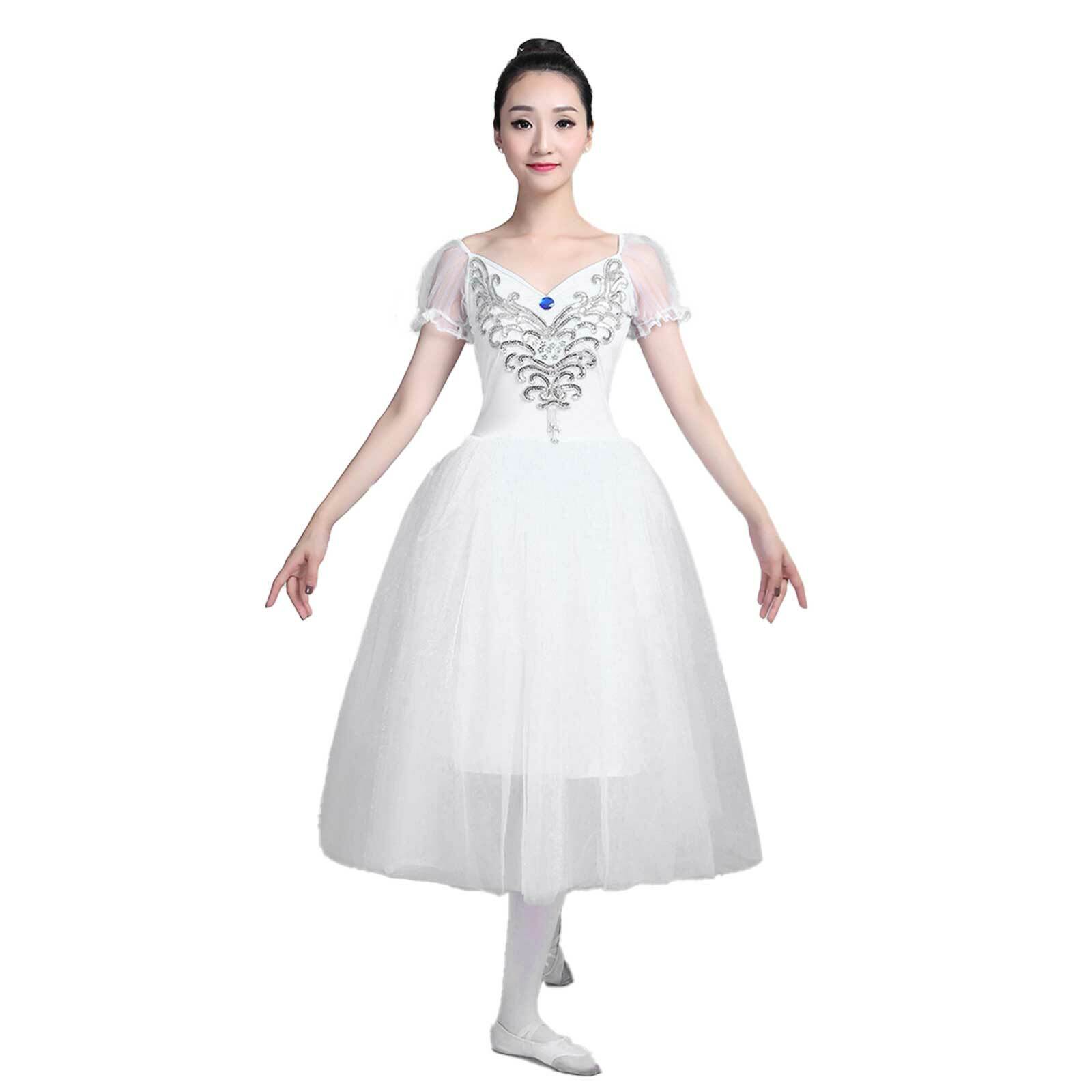 Womens Ballet Dance Mesh Tulle Long Dress Ballerina Swan Lake Princess ...