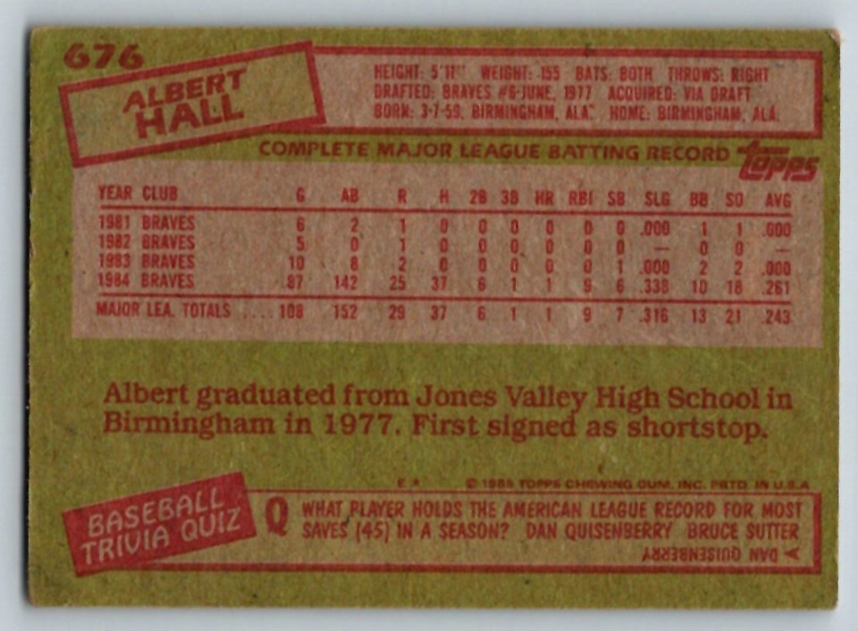 1985 TOPPS ALBERT HALL RC ATLANTA BRAVES #676 | eBay